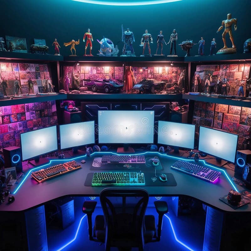 A Sprawling, Dimly Lit Desk Setup with Five High-resolution Monitors ...