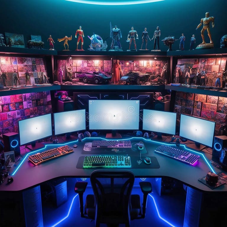 A Sprawling, Dimly Lit Desk Setup with Five High-resolution Monitors ...