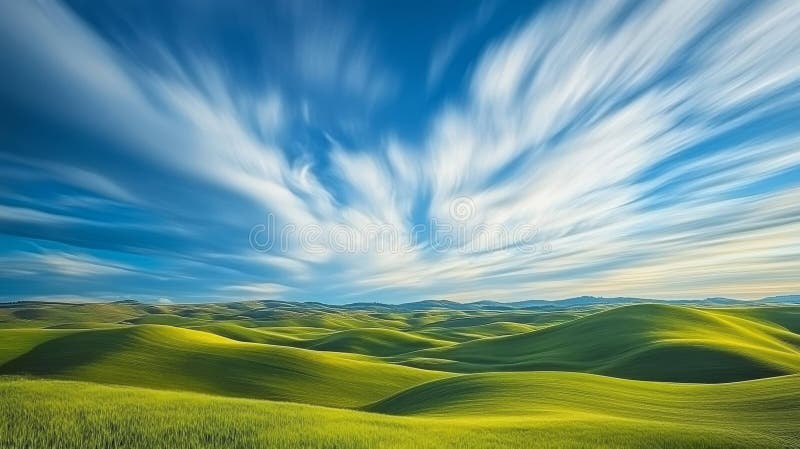 A Sprawling Meadow of Emerald Grass with a Clear Blue Sky Behind it ...