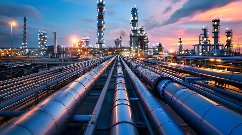A Sprawling Oil Refinery with Intersecting Pipes Under a Bright Sky ...