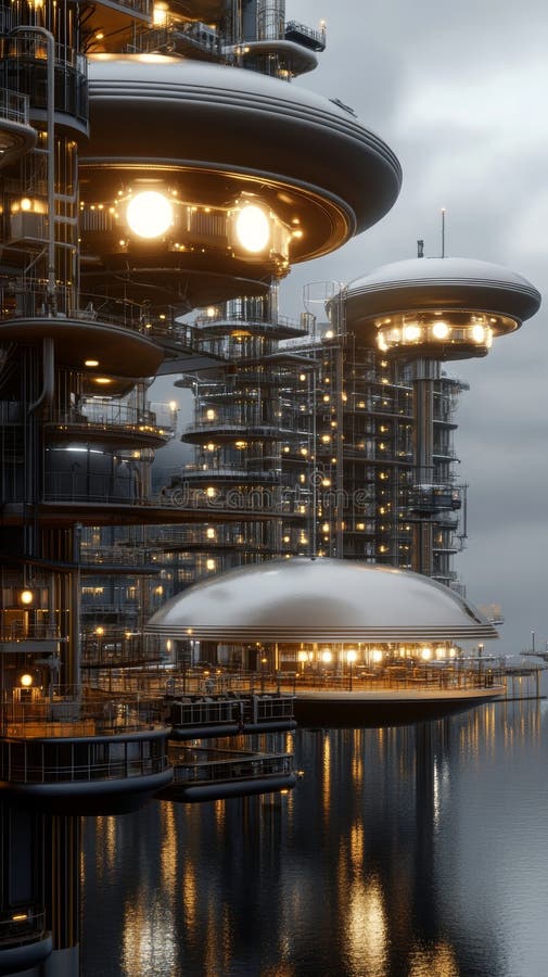 Futuristic Outpost Illuminated at Dusk Over a Calm Body of Water with ...