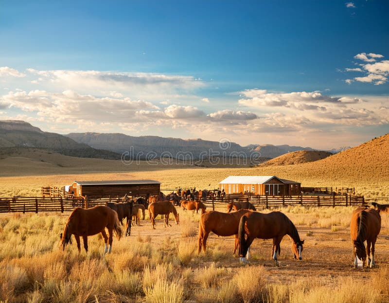 A Sprawling Ranch with Horses Grazing Under the Big Sky of the American ...