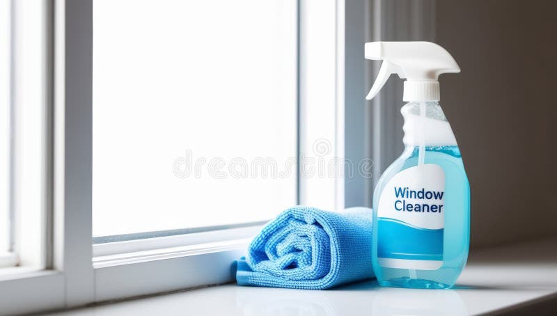 Spray Bottle with Blue Cleaning Solution and Microfiber Cloth on Window ...
