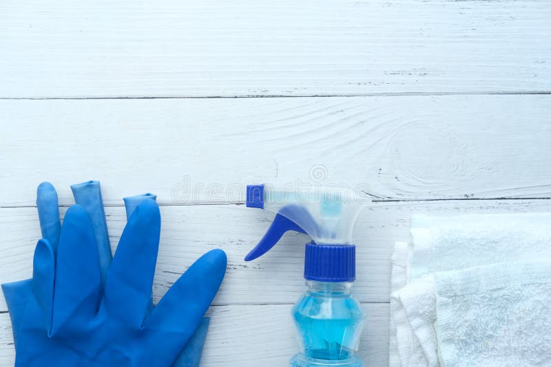 Spray Bottle and Cleaning Cloth on Table Stock Photo - Image of wipe ...