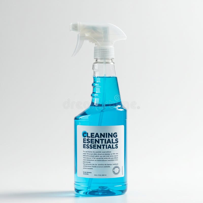 Spray Bottle Containing Blue Liquid Labeled "Cleaning Essentials." the ...