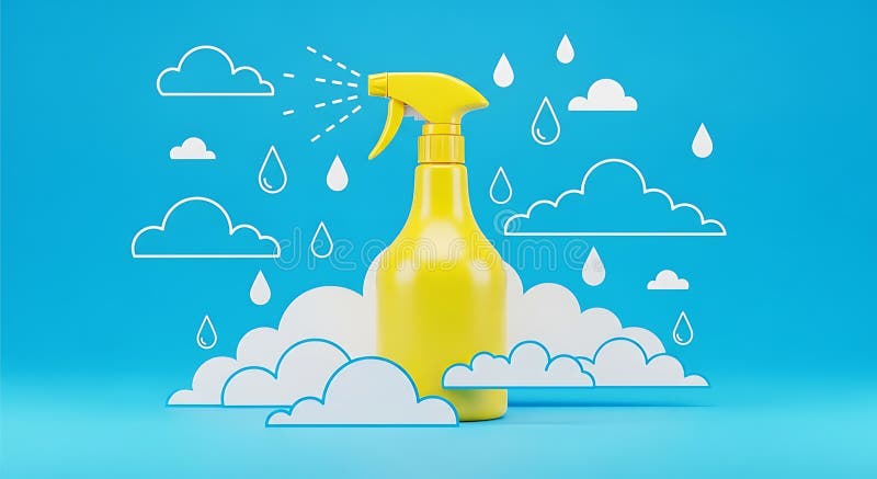 Spray Bottle with Drawn Clouds and Water Drops on Blue Background Stock ...