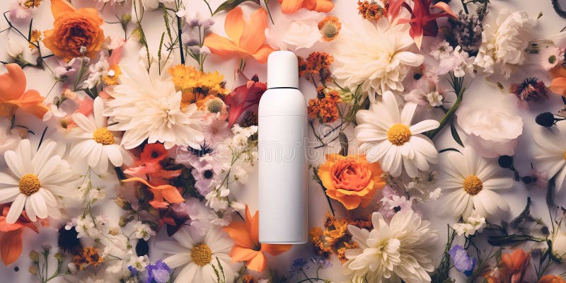 Spray Bottle Inhaler with White Empty Mockup Space in Middle of Flowers ...