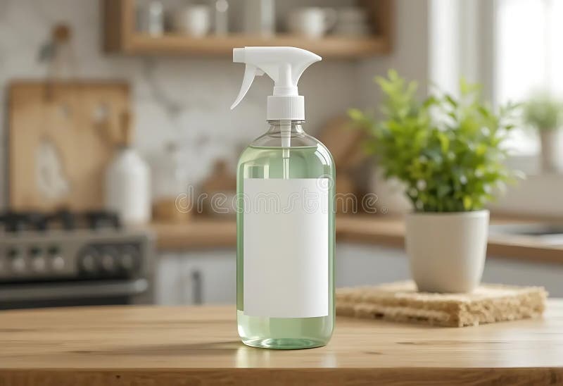 Spray Bottle Mockup in Kitchen on Wooden Table Stock Photo - Image of ...