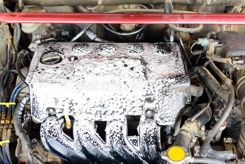 Spray Cleaning Foam To Engine Stock Photo - Image of wash, engine ...