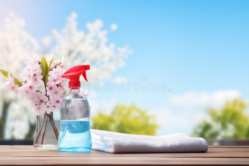 Spray Detergent and Blooming Flowers on Blurry Sky and Trees Background ...