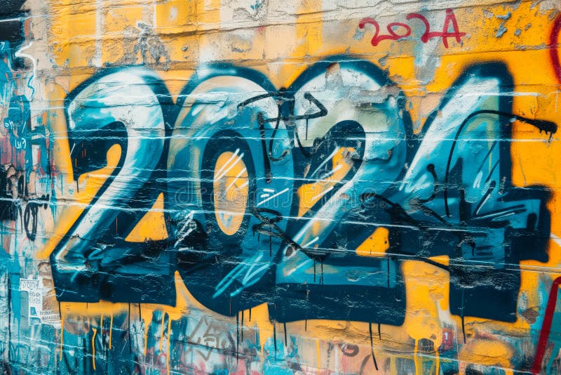 Spray Painted Graffiti Tag of the Word 2024 on a Brick Wall on City ...