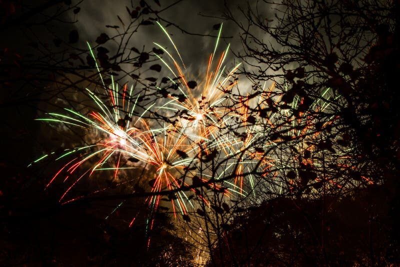 The Spray of Vibrant Fireworks Seen through Leafless Trees on an Autumn ...