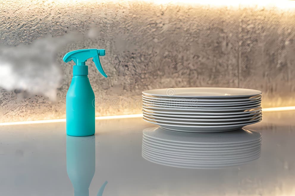 Spraying Detergent Near Stack of Clean White Plates in Modern Kitchen ...