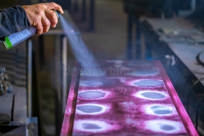 Spraying Liquid Penetrant To Detect Defects in Welds. Detection of ...