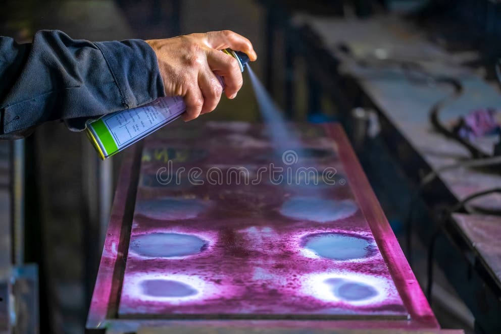 Spraying Liquid Penetrant To Detect Defects in Welds. Detection of ...