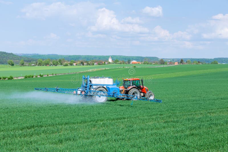 Spraying Wheat with Fertilizer or Herbicide Using a Tractor. Stock ...