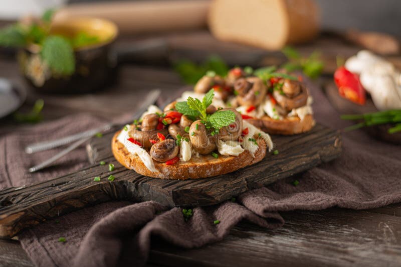 Spread on Bread with Ragout Mushrooms Stock Image - Image of dairy ...