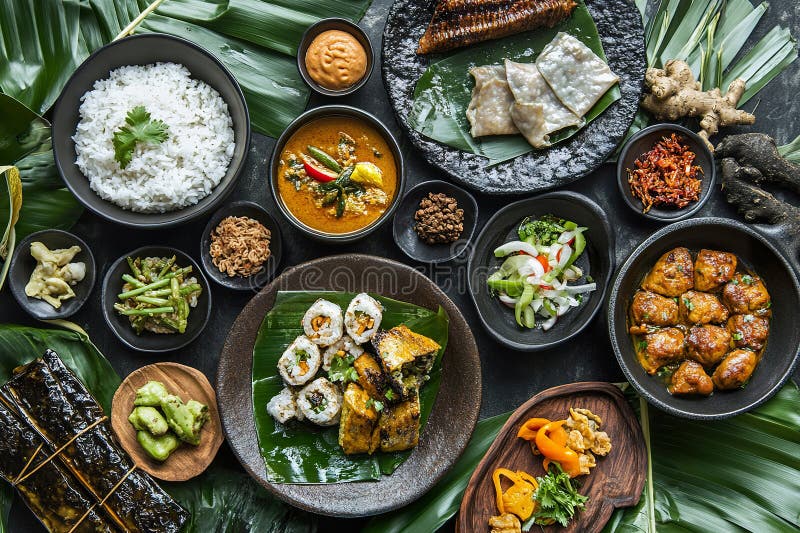 Spread of Colorful Traditional Dishes Featuring Rice, Curry and Wrapped ...