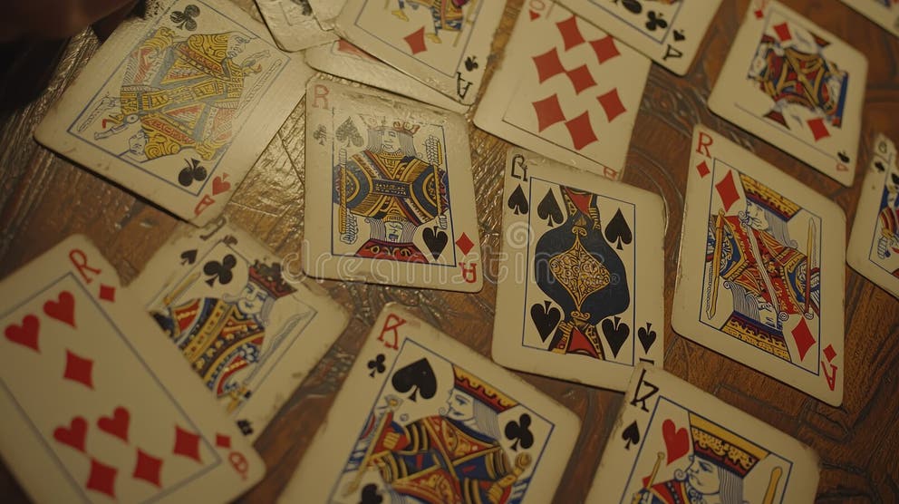 Vintage Playing Cards Scattered on Wooden Table Stock Illustration ...