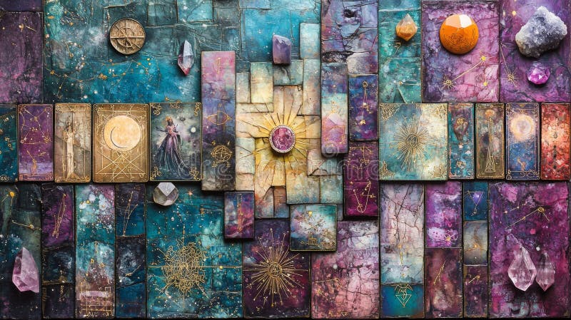 A Spread of Tarot Cards and Crystals. Stock Illustration - Illustration ...