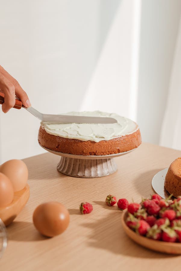 Spreading Cream on Sponge Cake. Making Red Velvet Process Stock Image ...