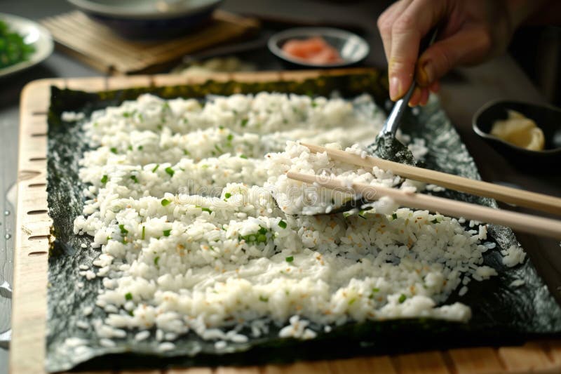 Spreading Rice on Seaweed Sheet for a Sushi Roll Stock Image - Image of ...