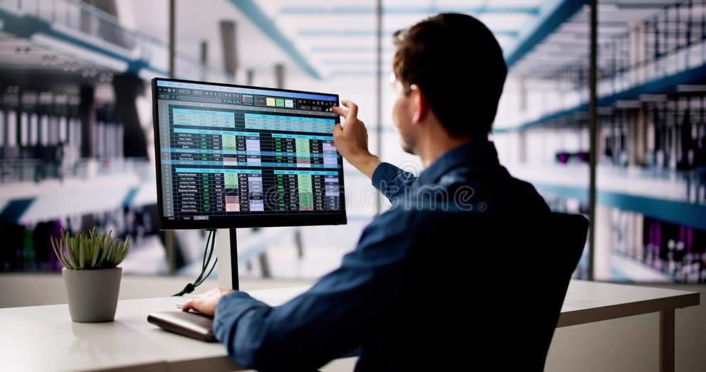 Spreadsheet Analyst Employee Using Computer Monitors Stock Image ...