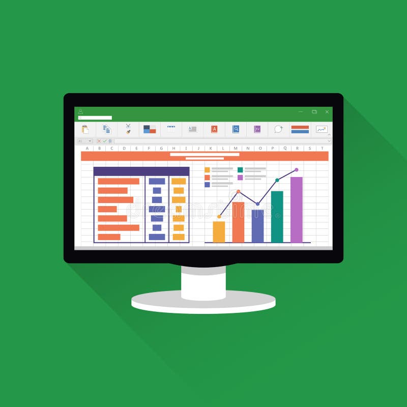 Spreadsheet on Computer Screen Flat Icon. Financial Accounting Report ...