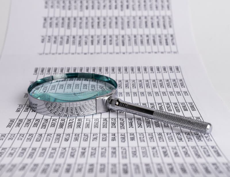 Spreadsheet, Table with Magnifying Glass. Scrutinizing Numbers ...