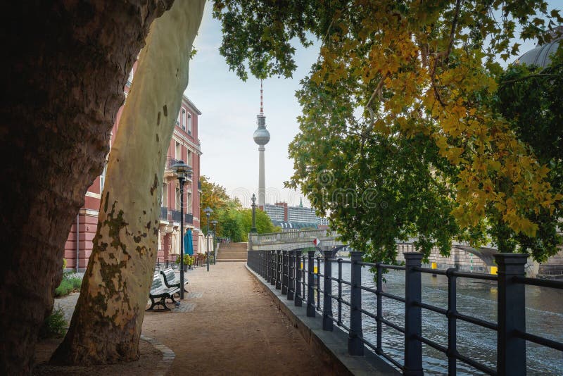 Spree River Promenade with Television Tower on Background - Berlin ...