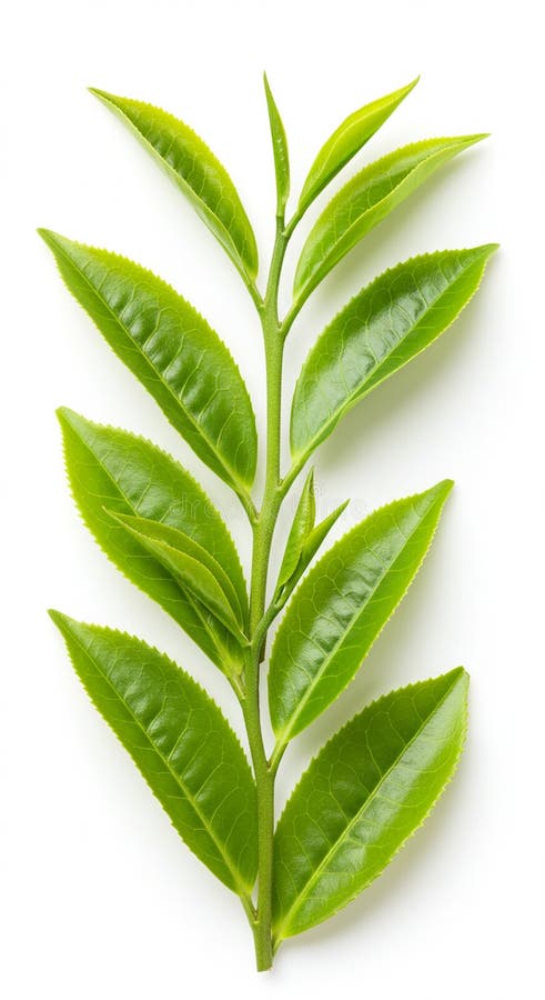 A Sprig of Green Leaves with a Smooth, Glossy Texture on a White ...