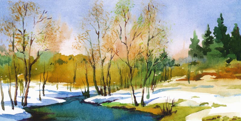 Two Birches at the River, Spring Stock Illustration - Illustration of ...