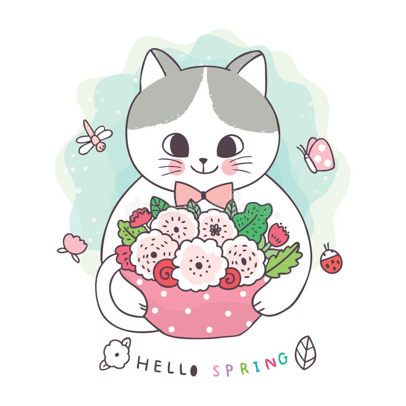 Cartoon Cute Spring, Cat and Butterfly and Bee and Flower Vector. Stock ...