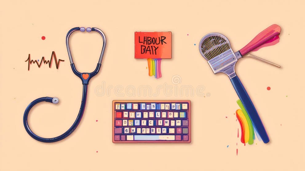 Labor Day Illustration Featuring a Stethoscope with a Heart, a Colorful ...