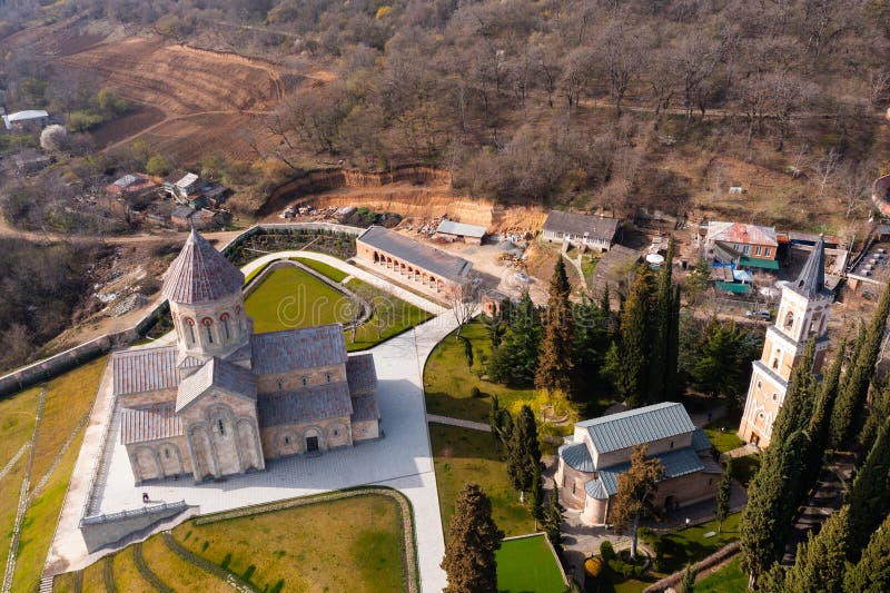 Spring Aerial View of Bodbe Monastic Complex on Hillside, Georgia Stock ...