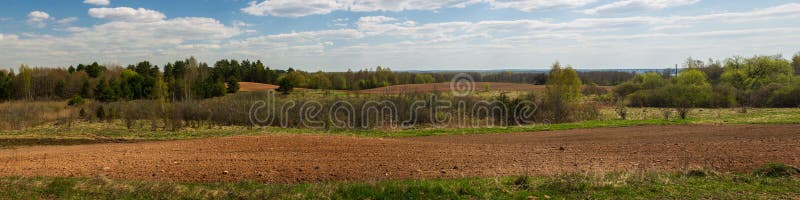 Spring Agricultural Landscape. Plowed Hilly Fields with Thickets Under ...