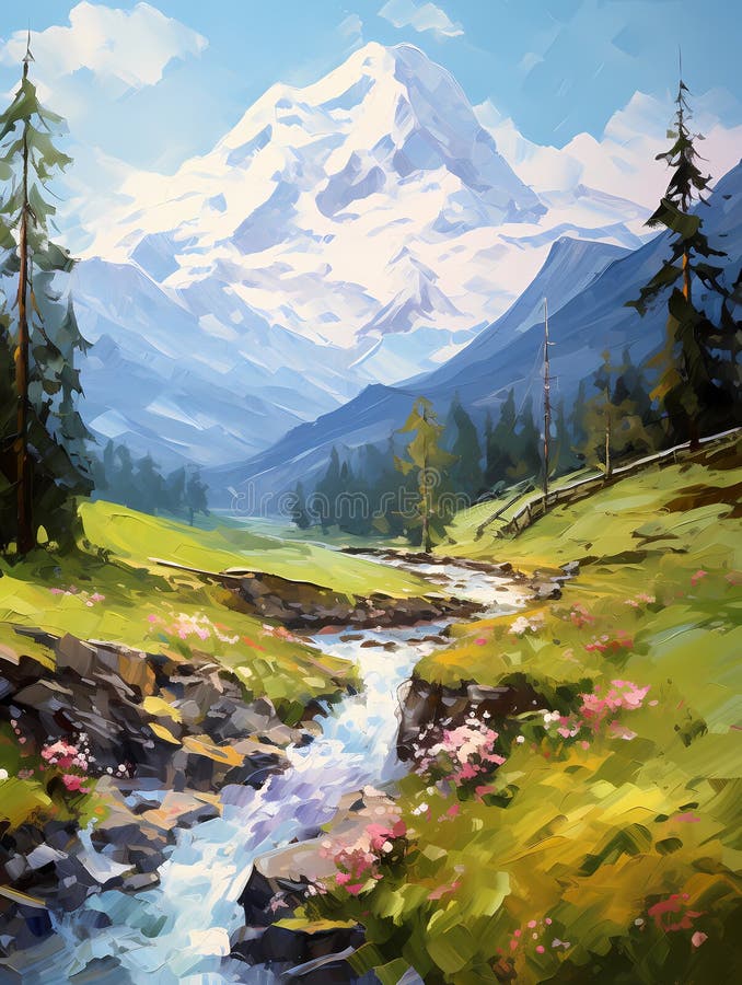 Spring Alpine Landscape. Mountains, Valley, River. Vertical Composition ...