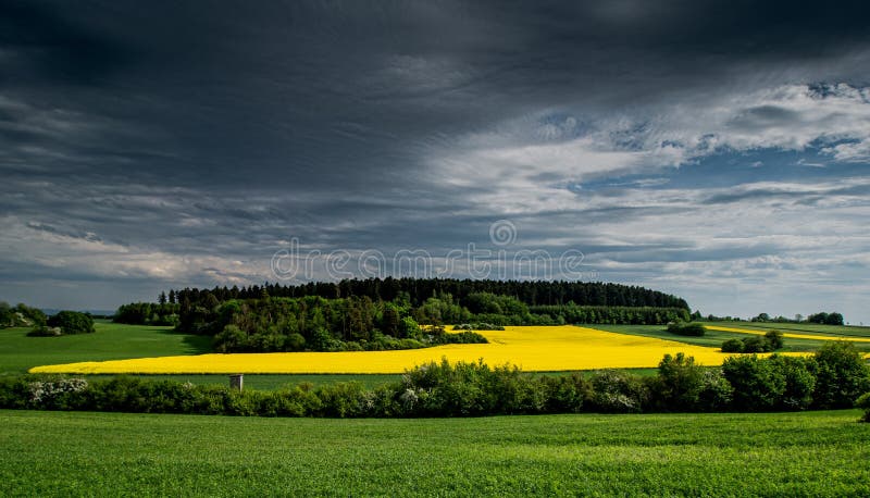 Spring Atmosphere with Dynamic Clouds and Rapeseed Field Stock Image ...