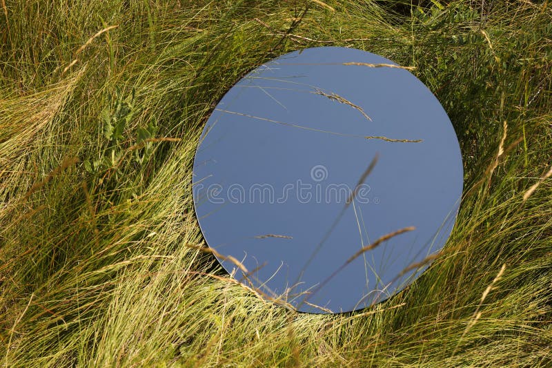 Spring Atmosphere. Round Mirror among Grass and Spikelets on Sunny Day ...