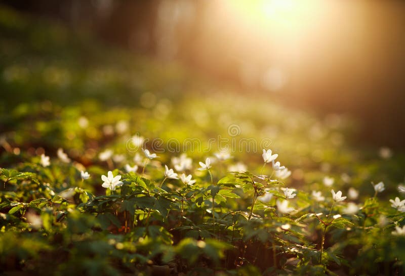 Spring Awakening of Flowers and Vegetation in Forest on Sunset B Stock ...