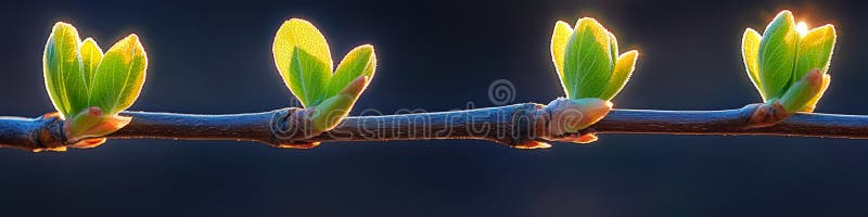 Spring Awakening Fresh Green Leaves Budding on a Thin Branch, Backlit ...