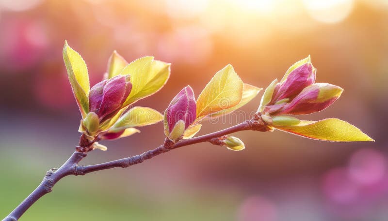 Spring Awakening New Growth on a Backlit Tree Branch with Sun Flare in ...