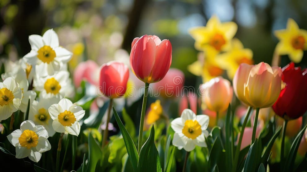 Spring Background with an Array of Spring Flowers Such As Tulips and ...