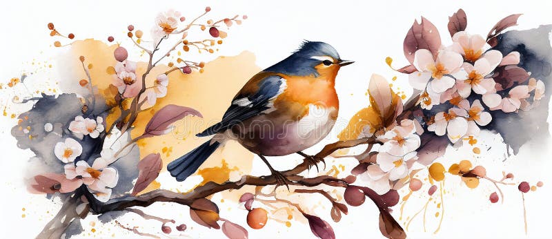 Spring Background with a Blooming Cherry Tree Branch with a Bird ...