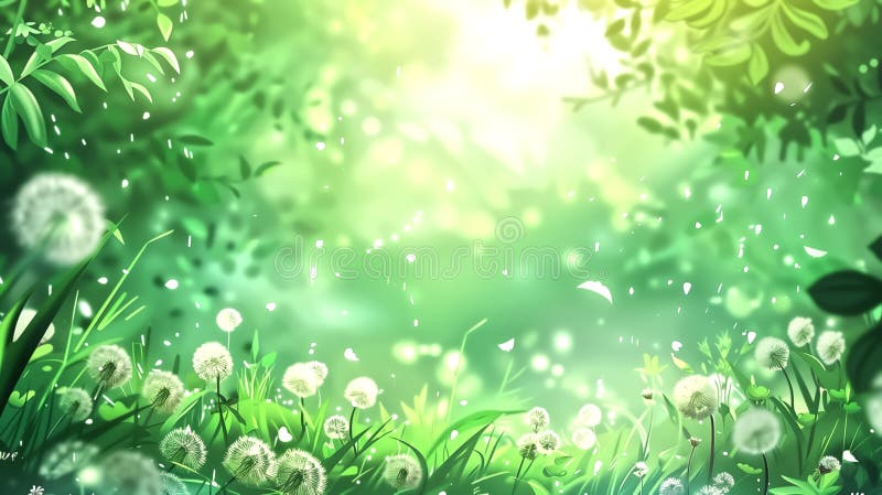 Spring Background with Dandelions, Green and White Colors, Vecto Stock ...