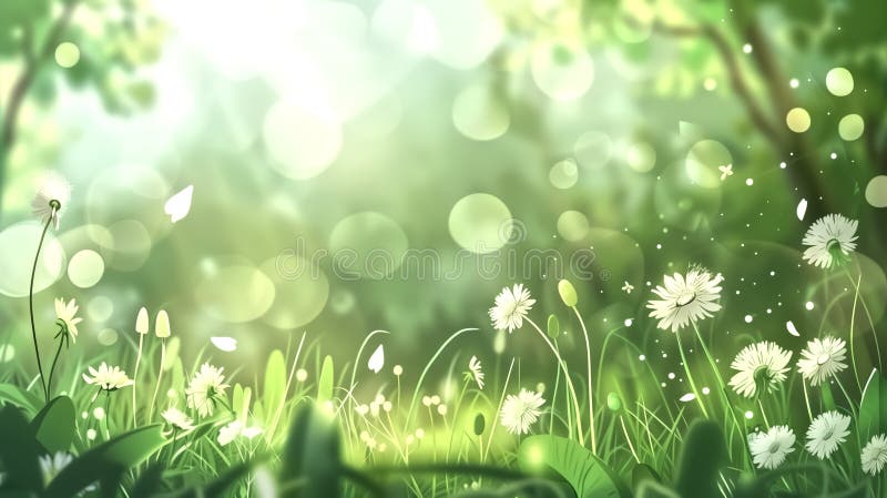 Spring Background with Dandelions, Green and White Colors, Vecto Stock ...