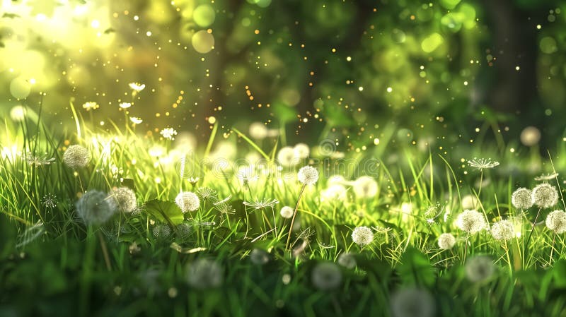 Spring Background with Dandelions, Green and White Colors, Vecto Stock ...
