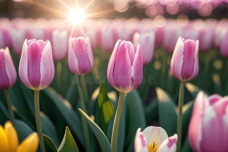 Spring Background with Field of Tulips and Sunshine Stock Illustration ...