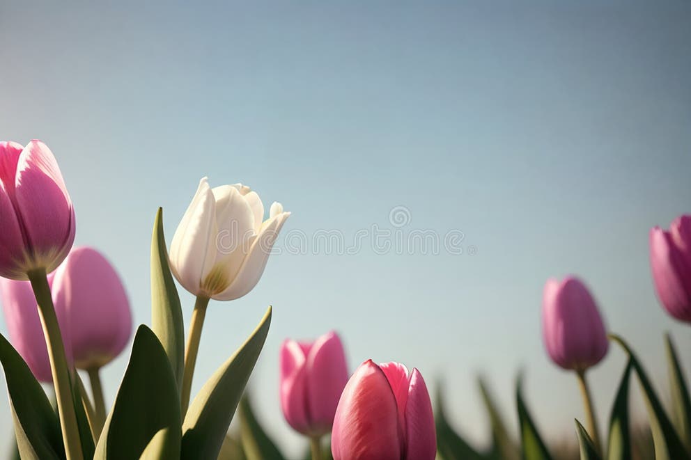 Spring Background with Field of Tulips and Sunshine Stock Illustration ...