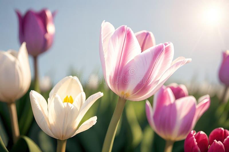 Spring Background with Field of Tulips and Sunshine Stock Illustration ...